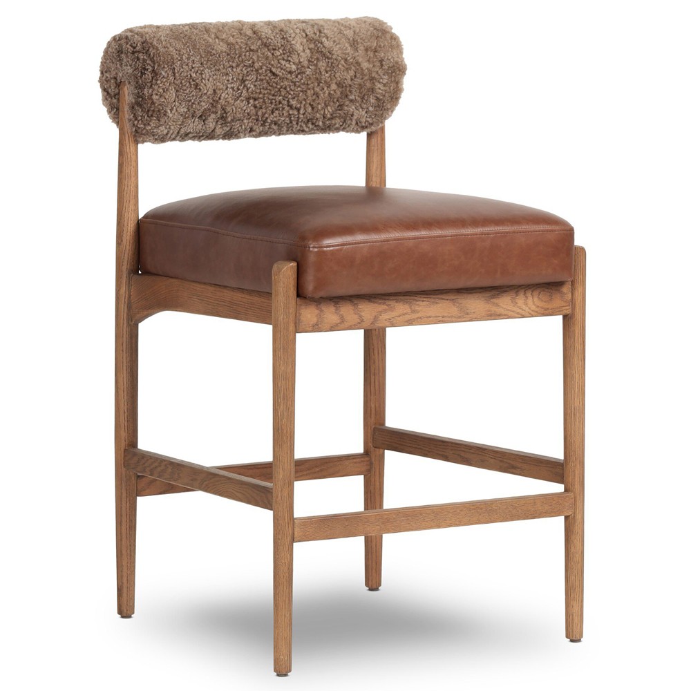 Aven Modern Classic Brown Leather Shearling Oak Counter Stool