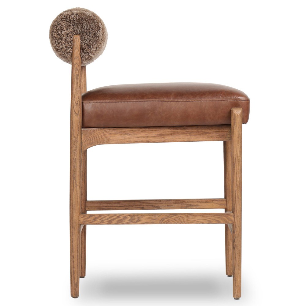Aven Modern Classic Brown Leather Shearling Oak Counter Stool