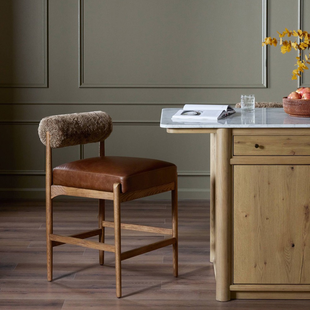 Aven Modern Classic Brown Leather Shearling Oak Counter Stool