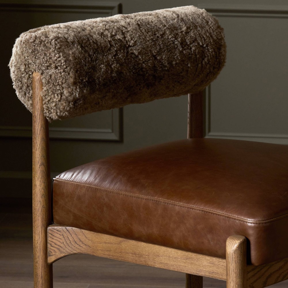 Aven Modern Classic Brown Leather Shearling Oak Counter Stool