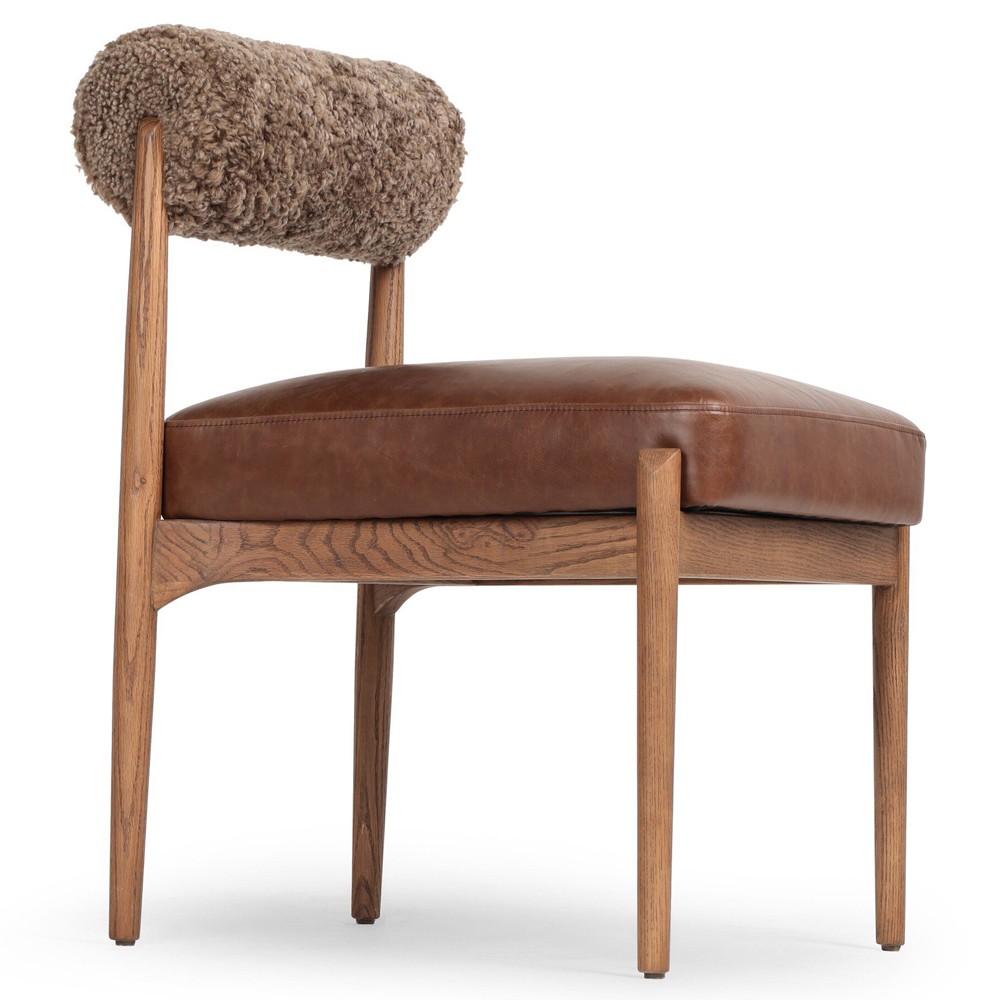 Aven Modern Classic Brown Leather Shearling Oak Dining Chair