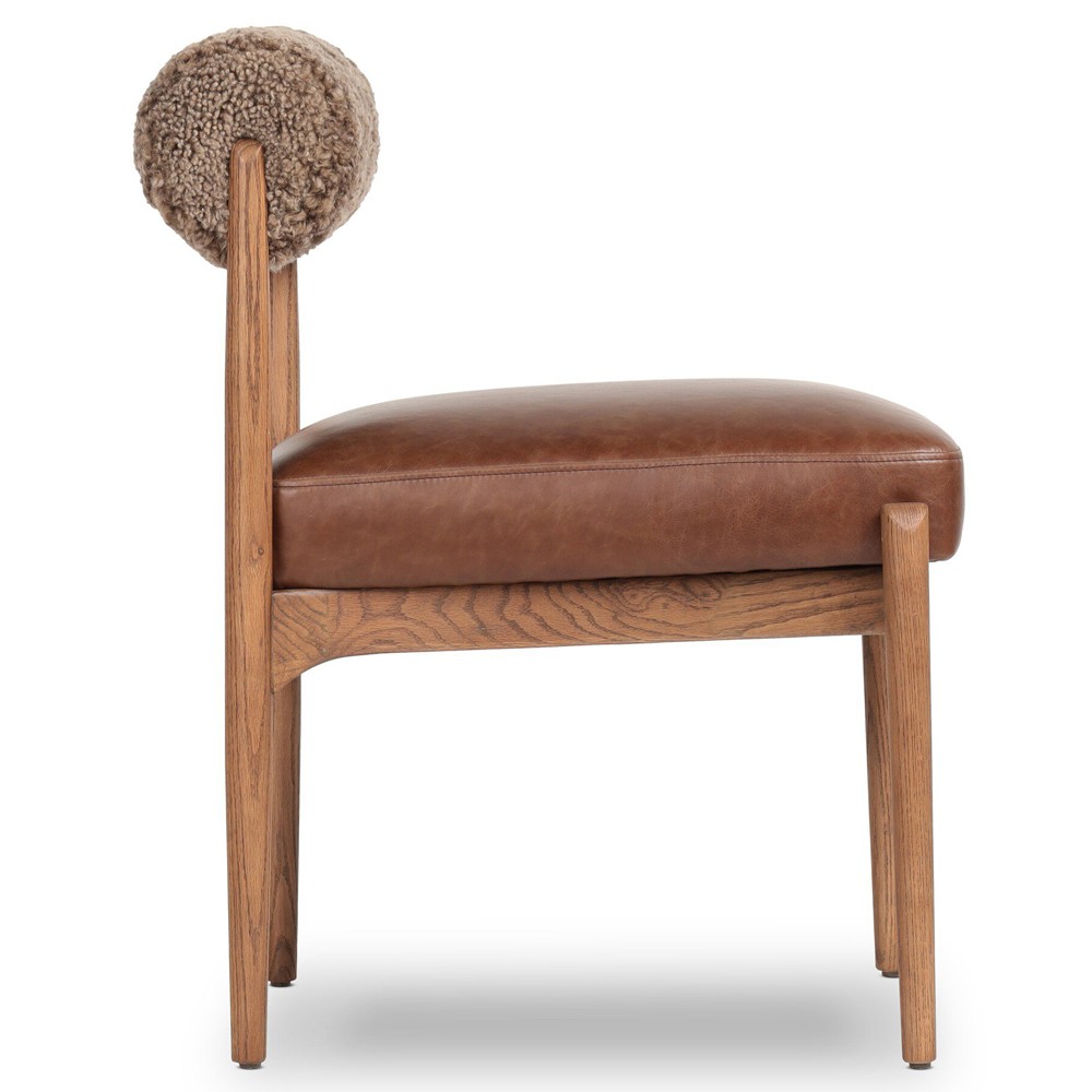 Aven Modern Classic Brown Leather Shearling Oak Dining Chair