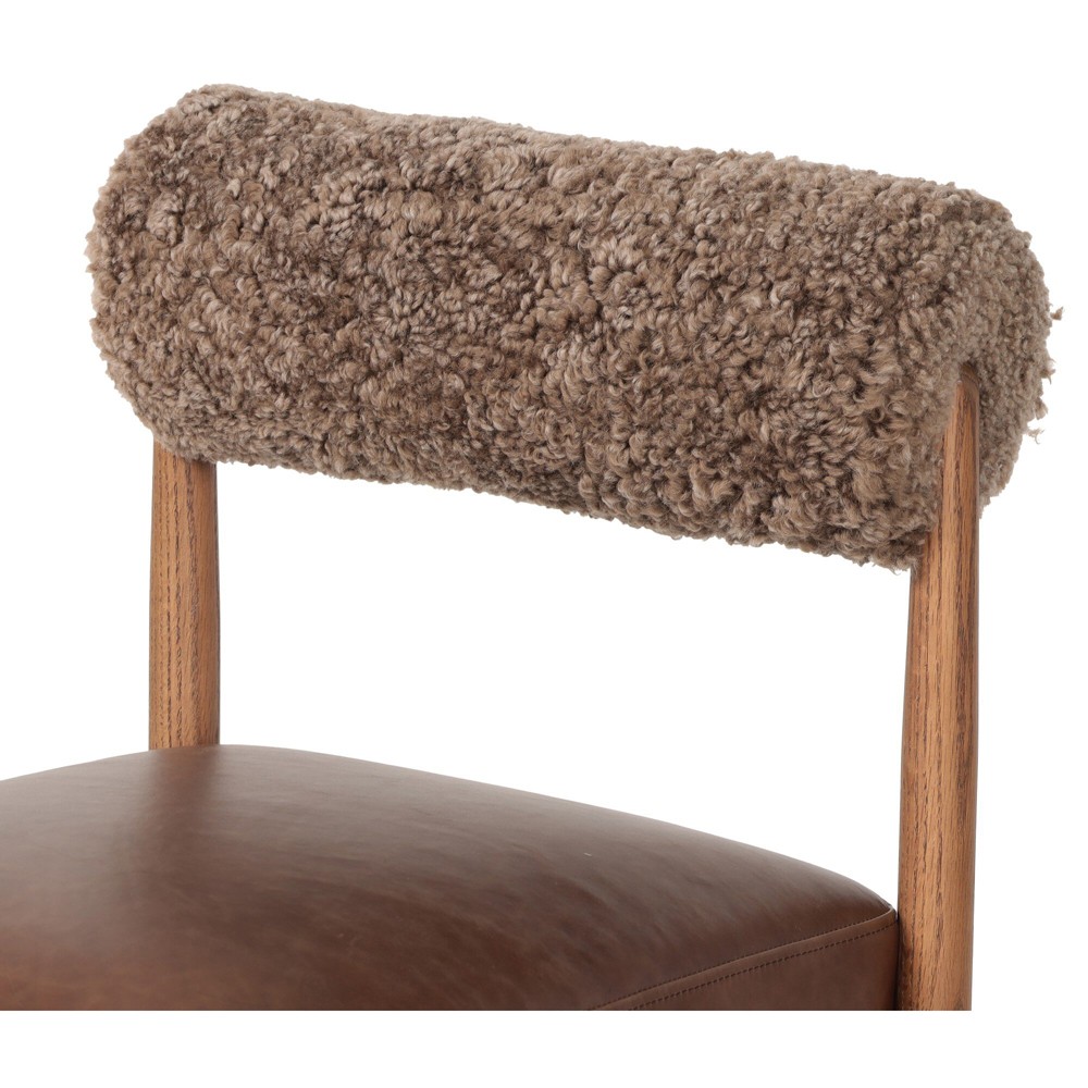 Aven Modern Classic Brown Leather Shearling Oak Dining Chair