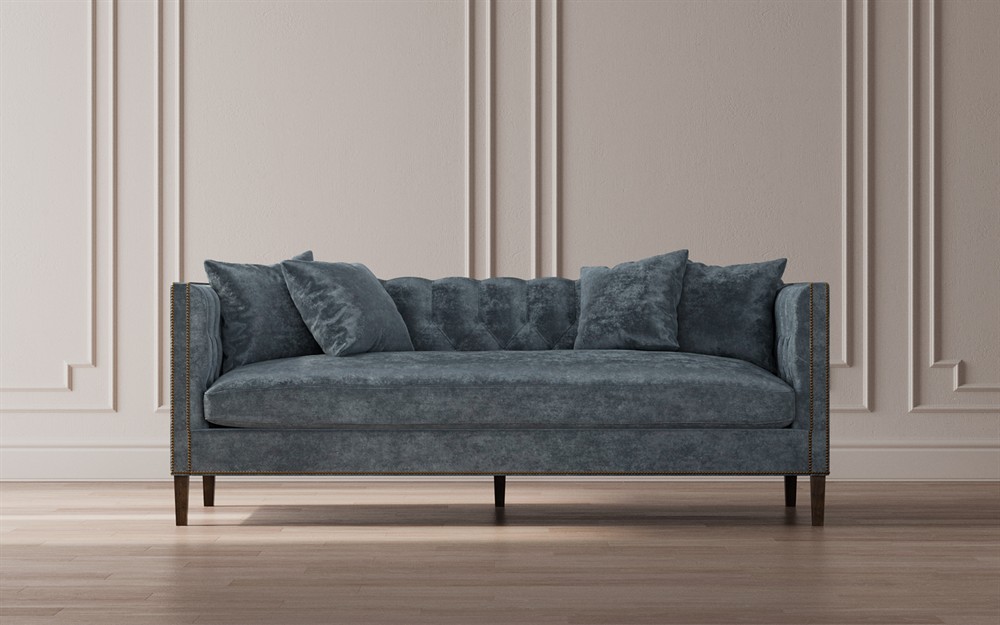 Winifred French Blue Velvet Bench Cushion Sofa - 92" | Kathy Kuo Home