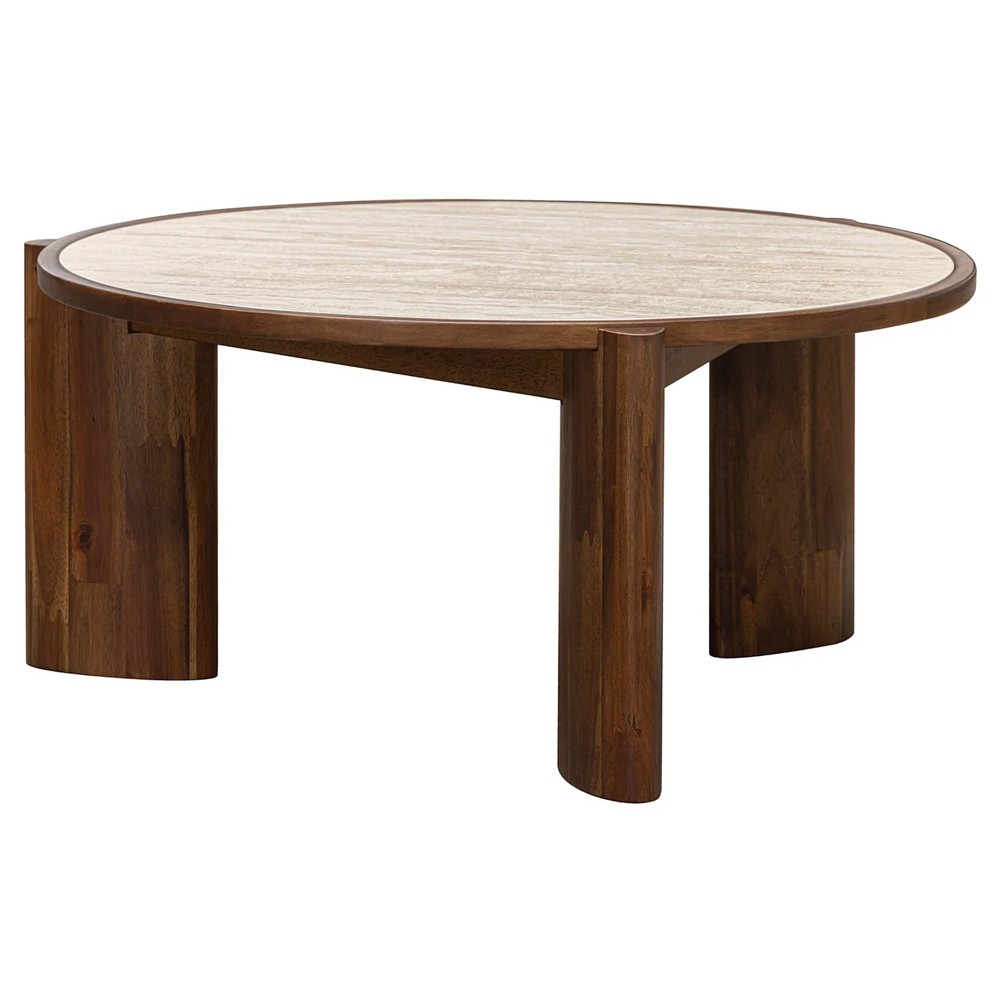 Tilly Modern Classic Travertine Acacia Wood Round Coffee Table 31" W ...