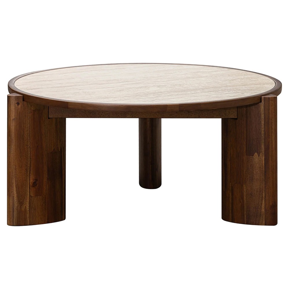 Tilly Modern Classic Travertine Acacia Wood Round Coffee Table 31" W ...