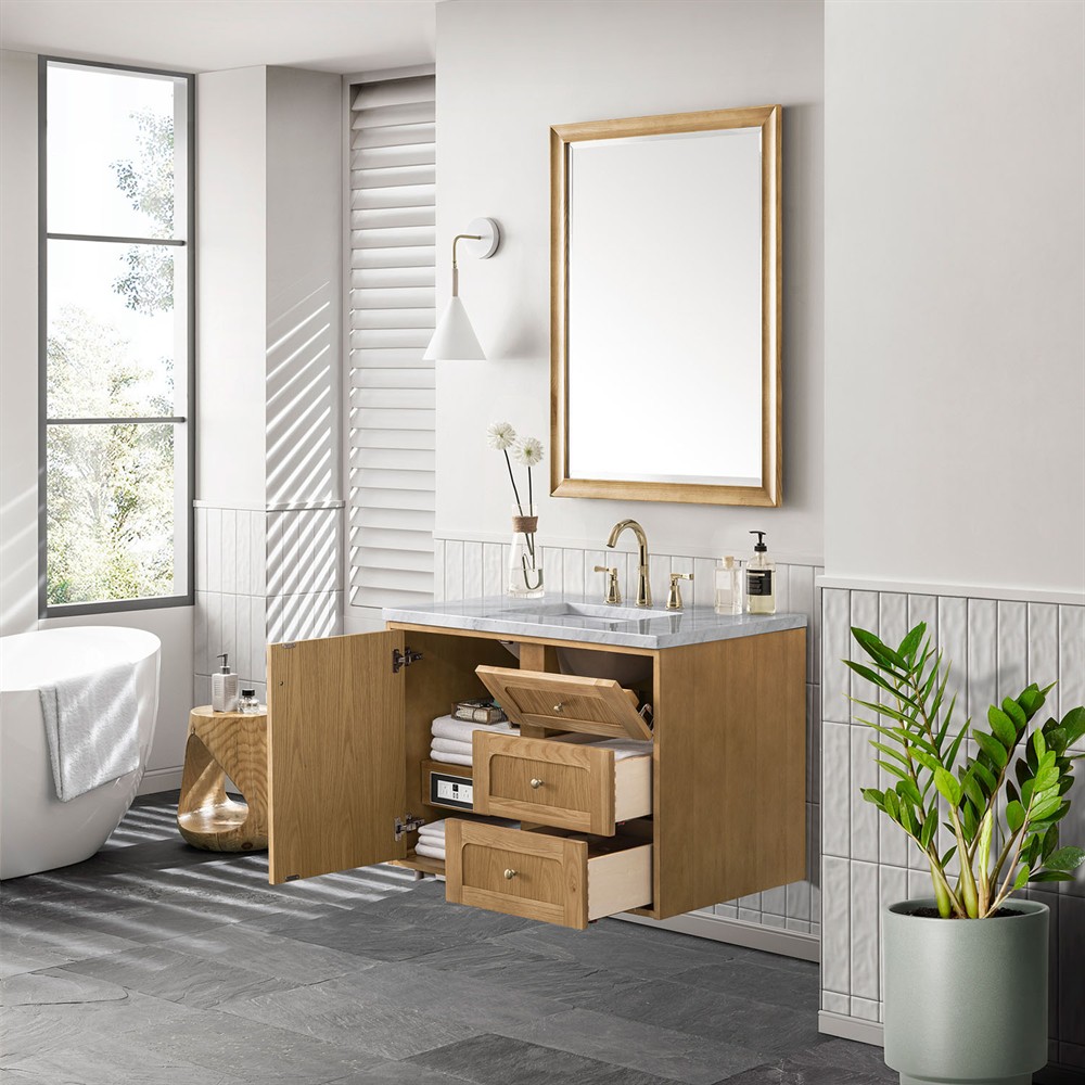 Eireen Modern Classic White Carrara Marble Natural Wood Vanity Sink ...
