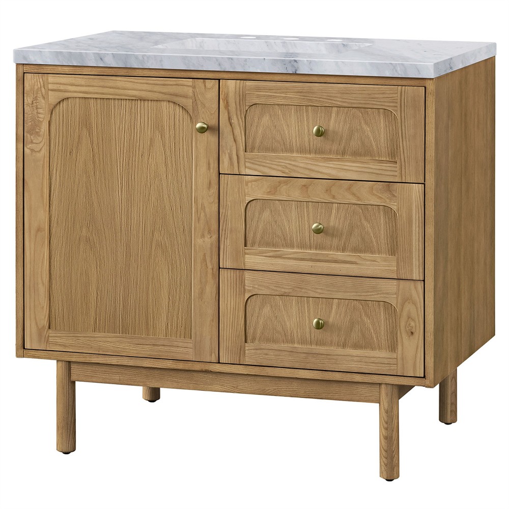 Eireen Modern Classic White Carrara Marble Natural Wood Vanity Sink ...