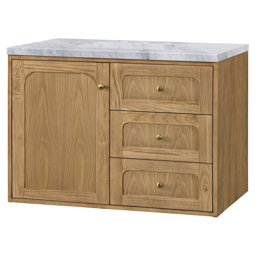 Eireen Modern Classic White Carrara Marble Natural Wood Vanity Sink ...
