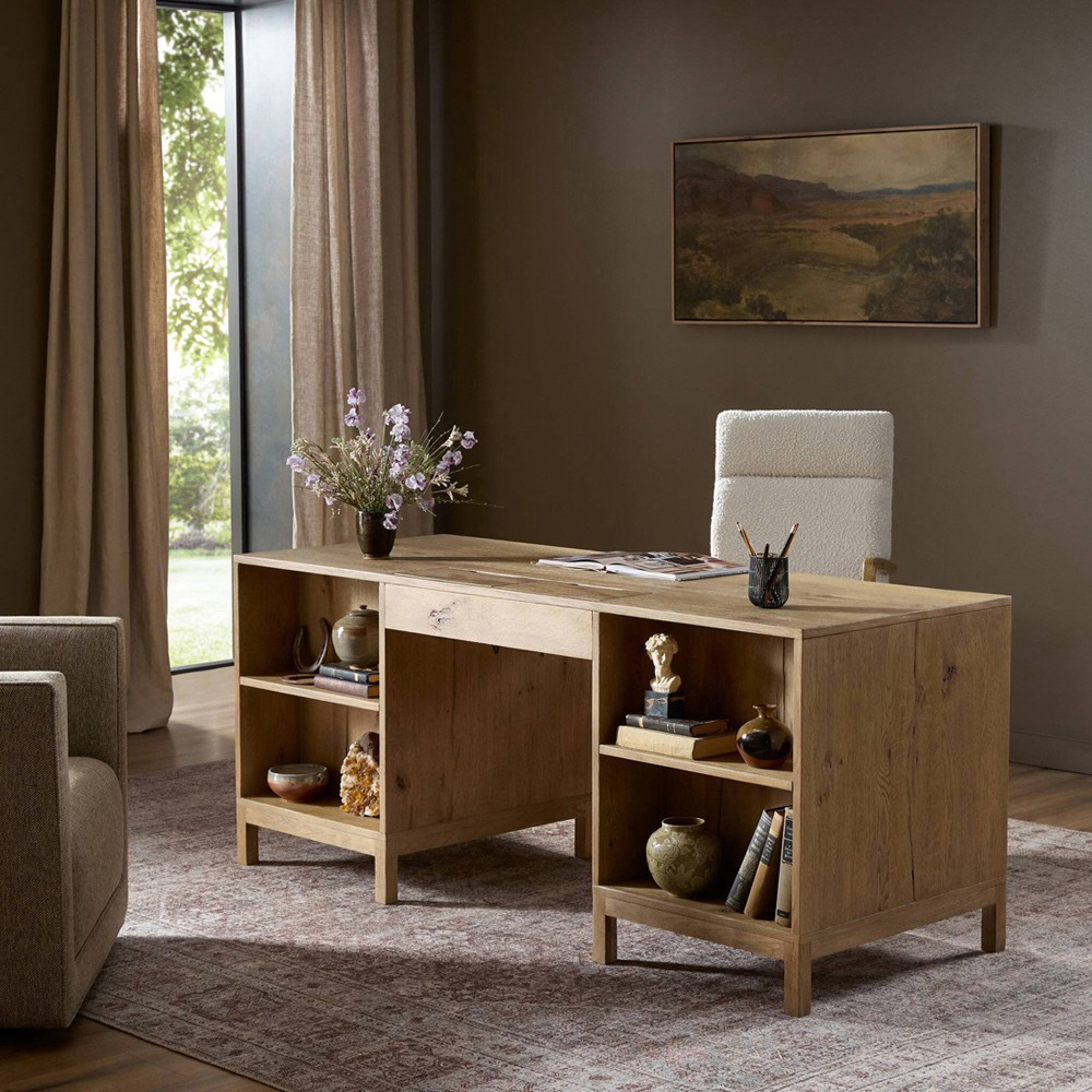 Taylin Coastal Beach Brown Oak Wood Executive Desk | Kathy Kuo Home