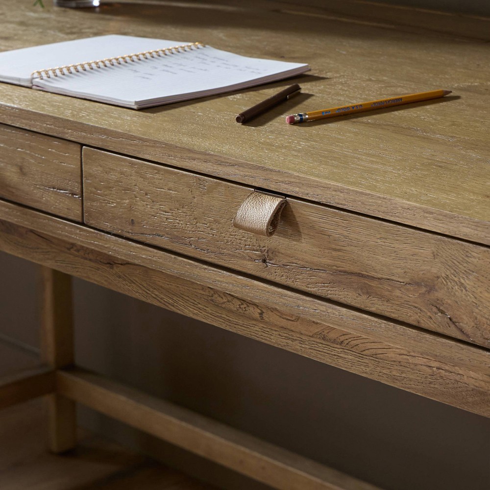 Taylin Coastal Beach Brown Oak Wood Writing Desk | Kathy Kuo Home