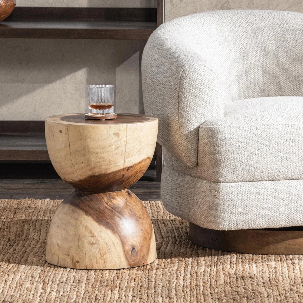 Liana Coastal Beach Natural Wood Round Drum Side Table Standard (14 ...