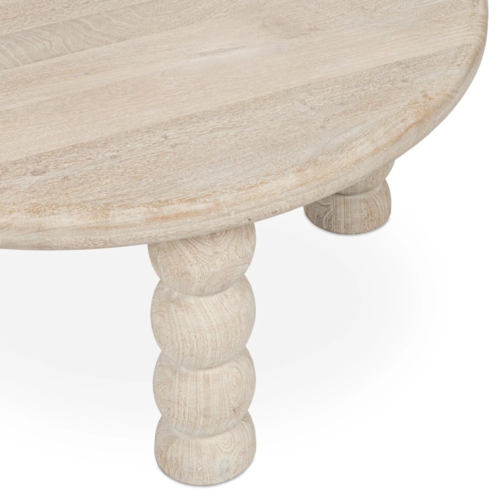 Holzer Coastal Beach Cream Mango Wood Round Coffee Table | Kathy Kuo Home