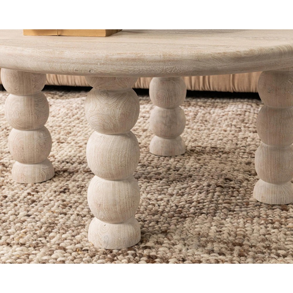 Holzer Coastal Beach Cream Mango Wood Round Coffee Table | Kathy Kuo Home