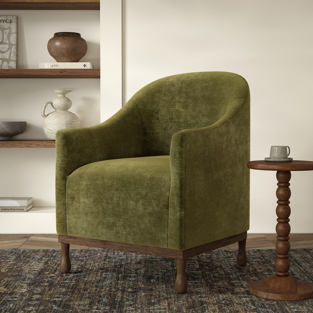Gavin Updated Traditional Dark Green Velvet Brown Wood Barrel Chair