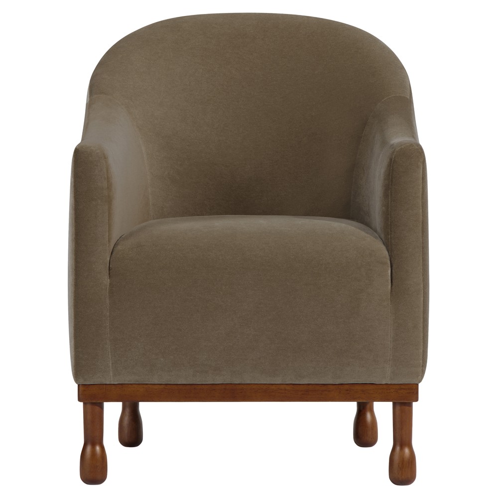 Gavin Updated Traditional Brown Velvet Wood Barrel Chair | Kathy Kuo Home
