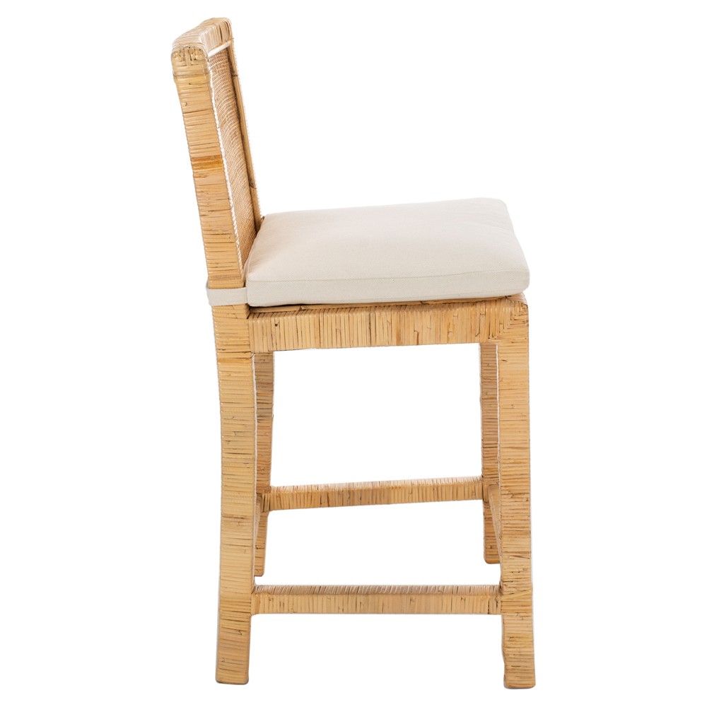 Layla Coastal Beach White Linen Natural Cane Woven Counter Stool ...