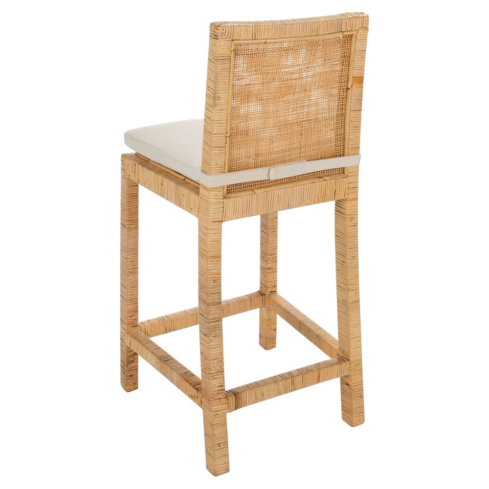 Layla Coastal Beach White Linen Natural Cane Woven Counter Stool ...