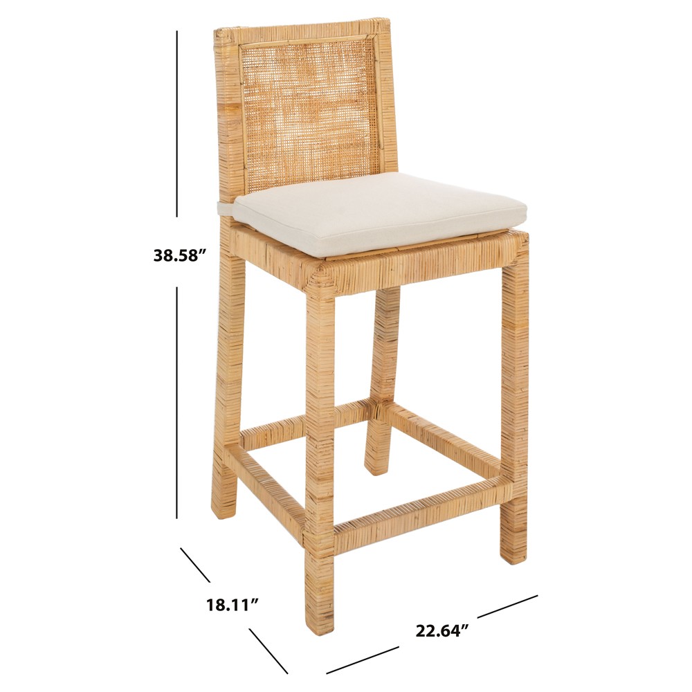 Layla Coastal Beach White Linen Natural Cane Woven Counter Stool ...