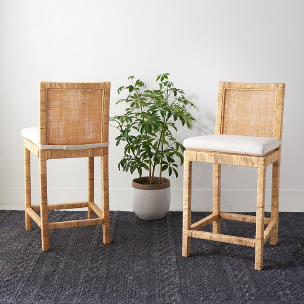 Layla Coastal Beach White Linen Natural Cane Woven Counter Stool ...