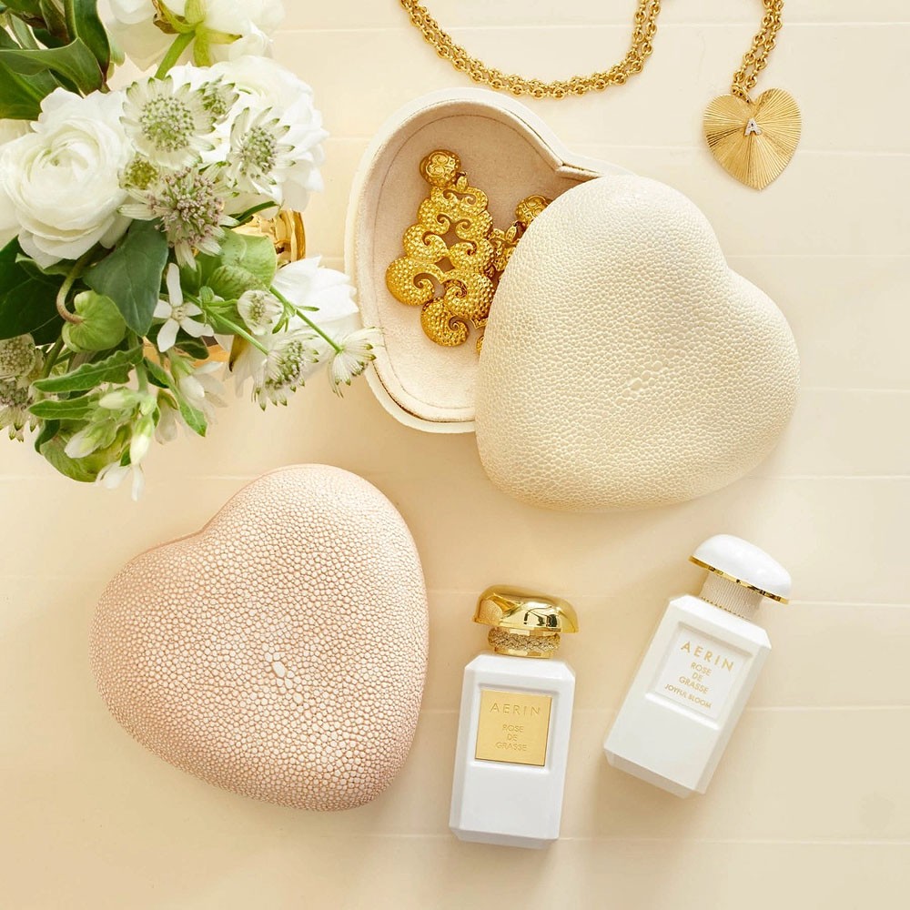 AERIN Updated Traditional Cream Embossed Shagreen Heart Decorative Box