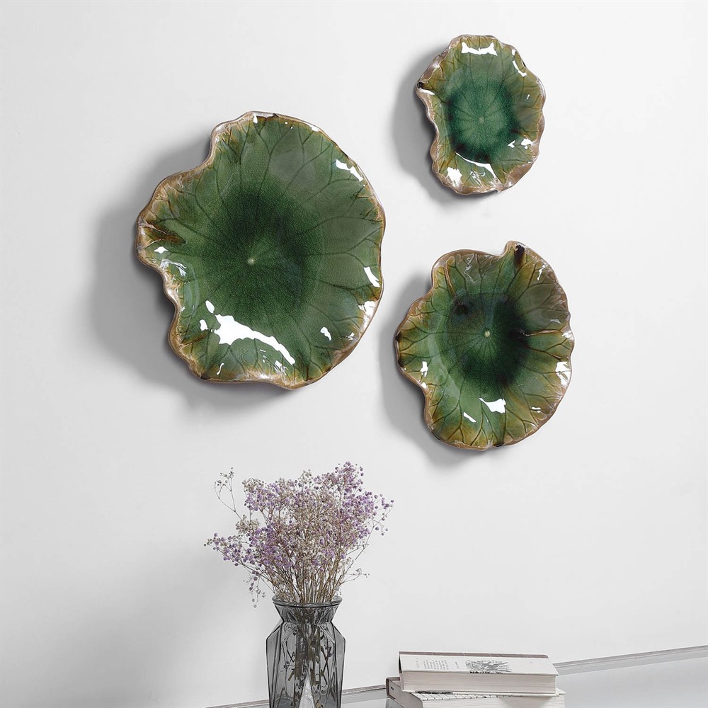 Calluna Coastal Green Glazed Ceramic Floral Wall Decor - Set of 3 Small ...
