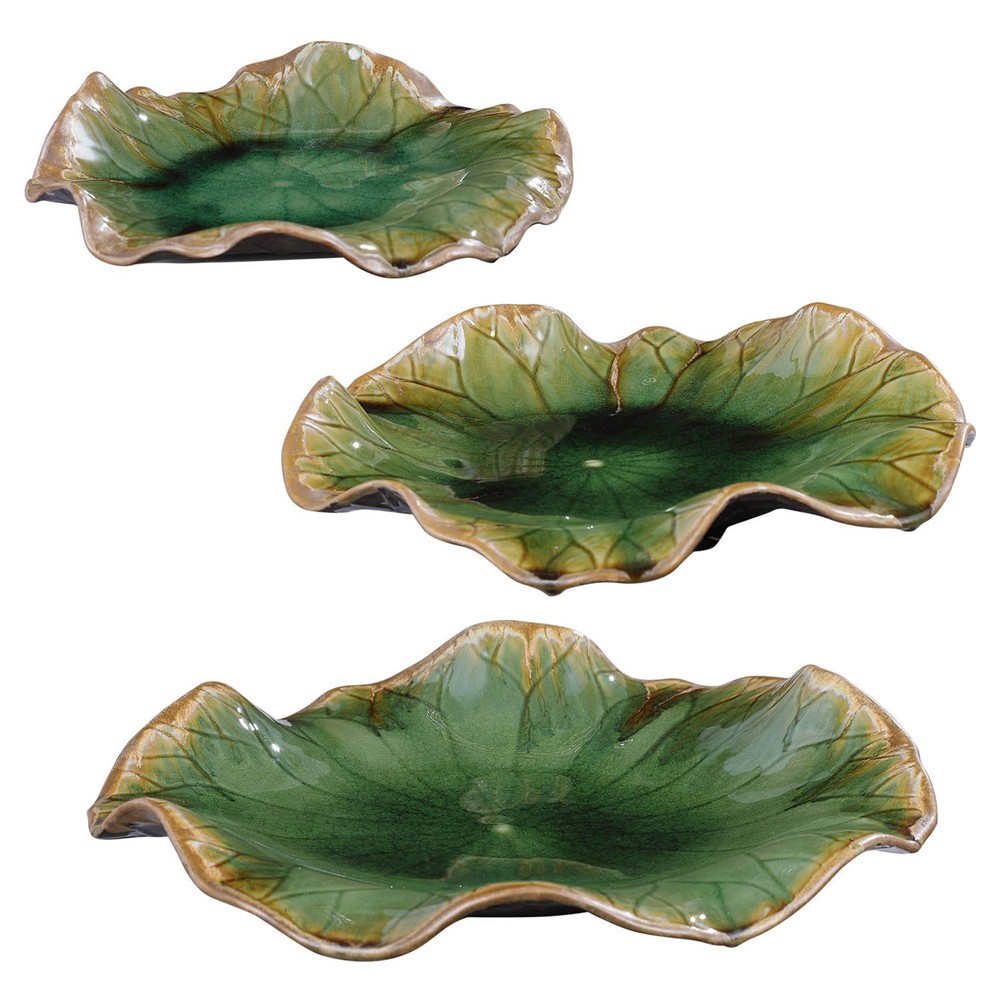 Calluna Coastal Green Glazed Ceramic Floral Wall Decor - Set of 3 Small ...