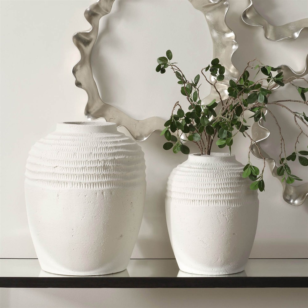 Delaney Modern White Ceramic Textured Decorative Vase - Set of 2 Medium ...