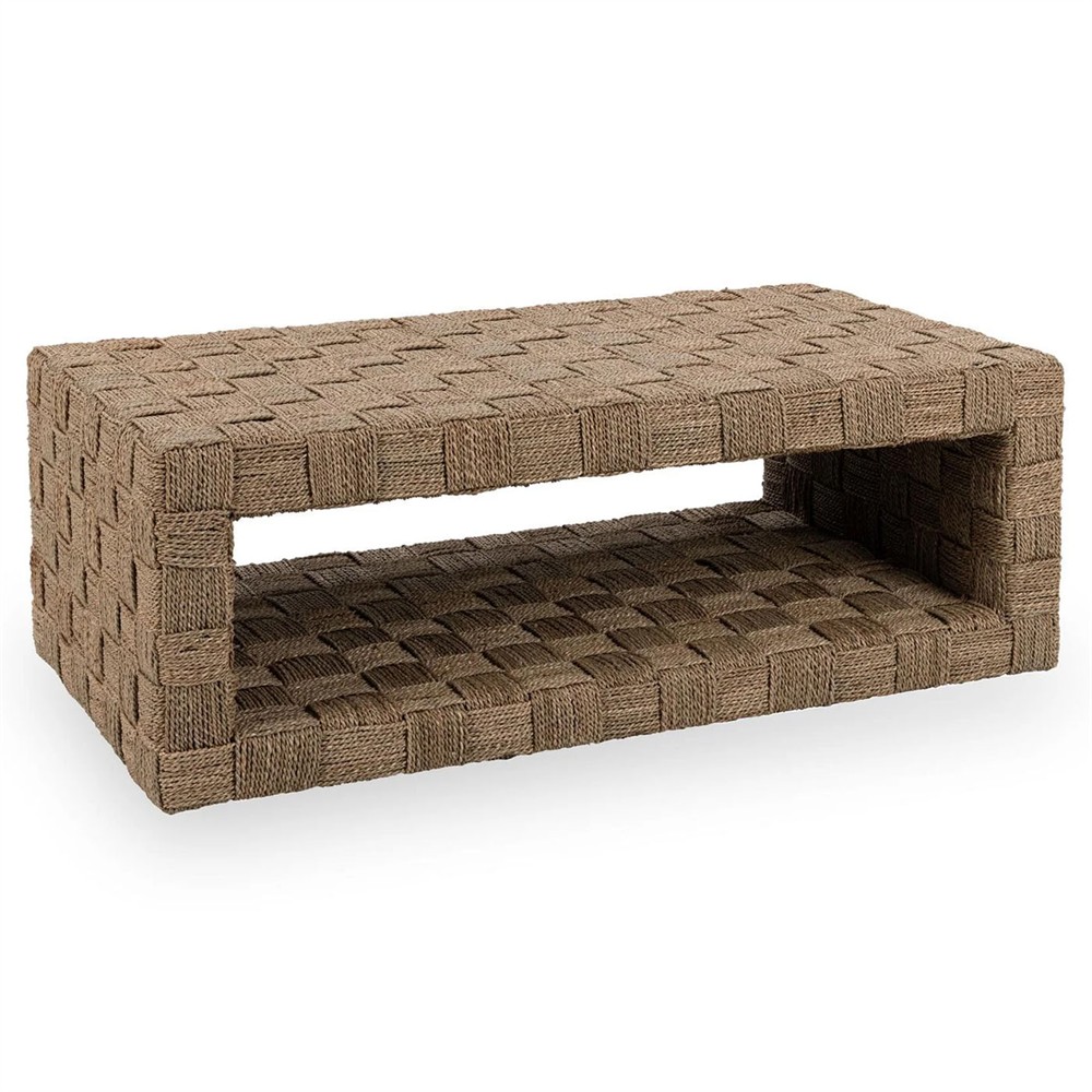 Riona Coastal Beach Natural Woven Seagrass Rectangular 2 Tier Coffee ...