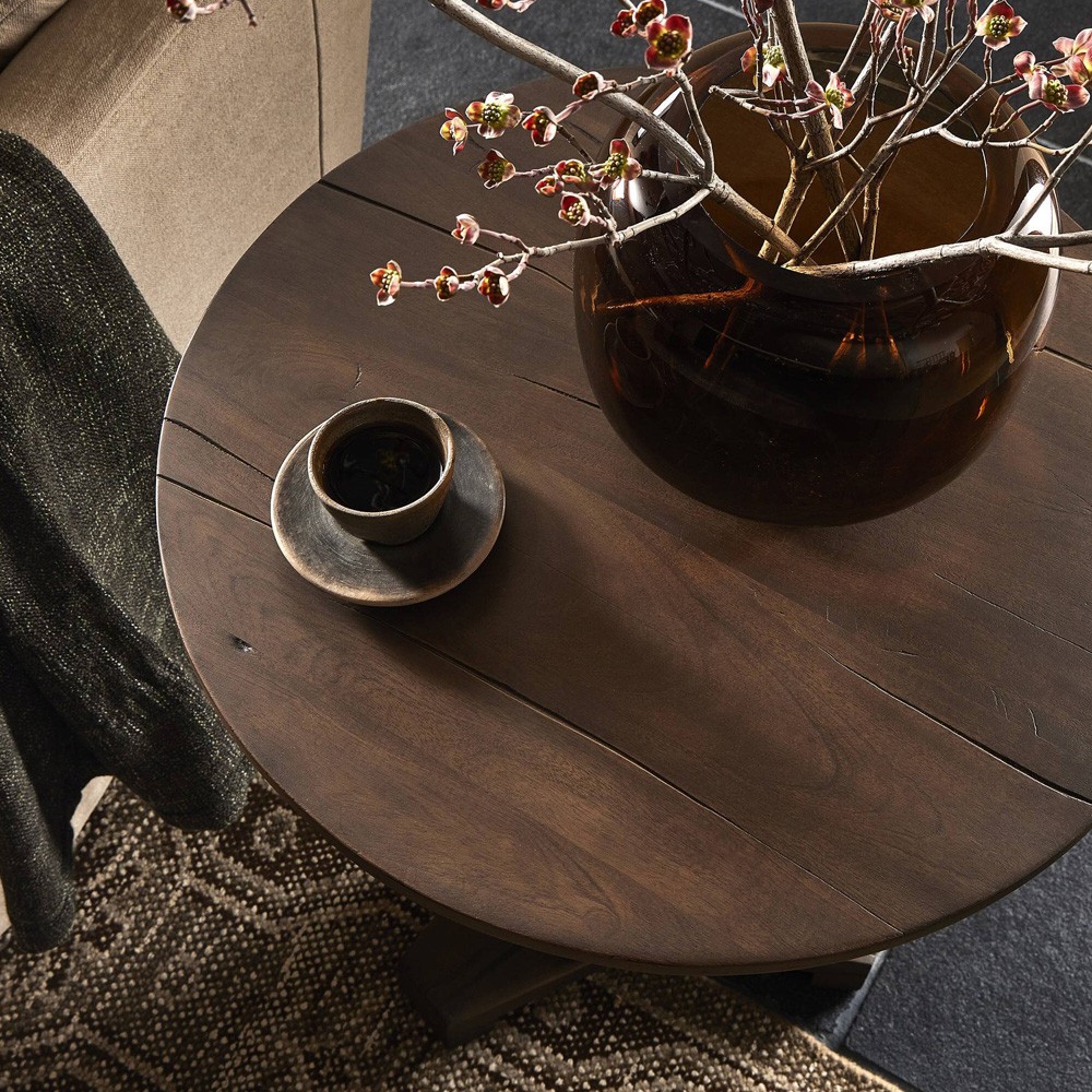 Rivi Rustic Lodge Brown Reclaimed Wood Round Pedestal End Table - Small ...