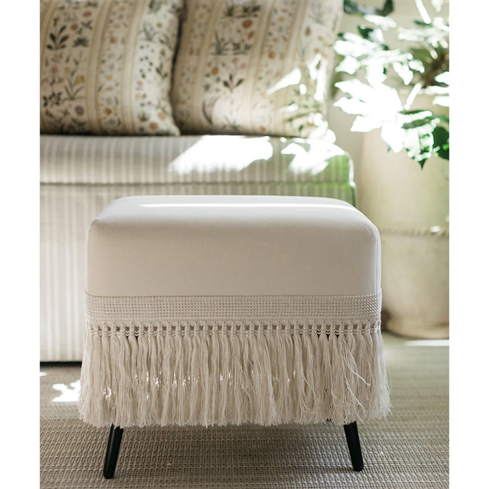 Valeria Updated Traditional Cream Velvet Fringe Rectangular Stool ...