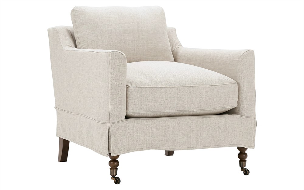 Madeline Sea Salt Performance Skirted Arm Chair | Kathy Kuo Home