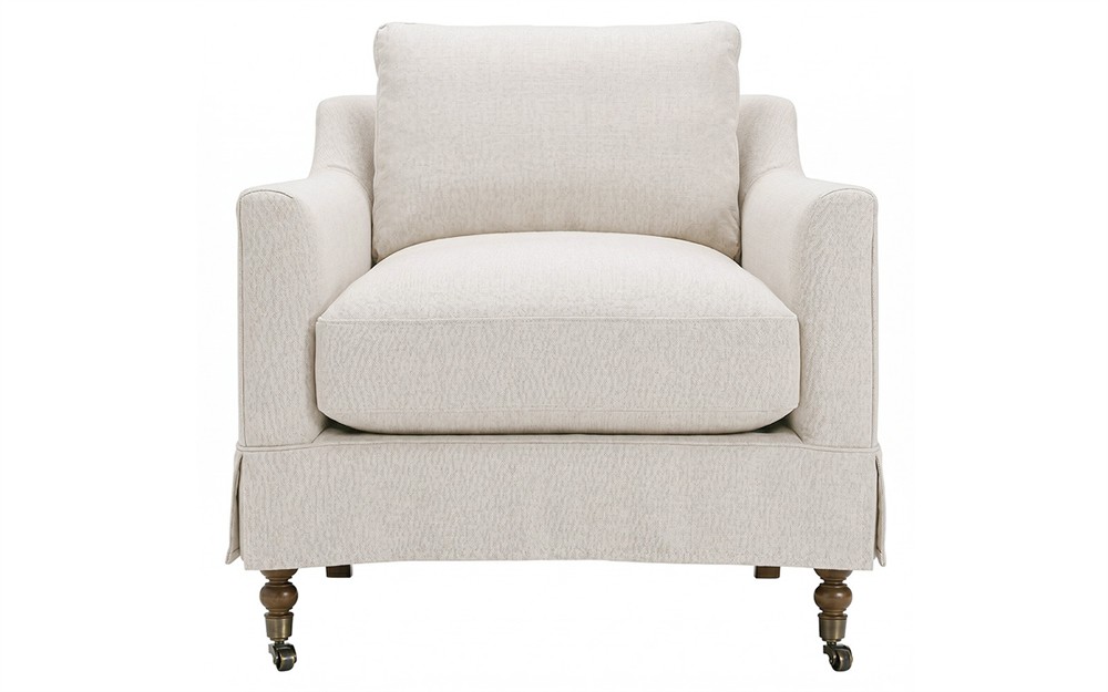 Madeline Sea Salt Performance Skirted Arm Chair | Kathy Kuo Home