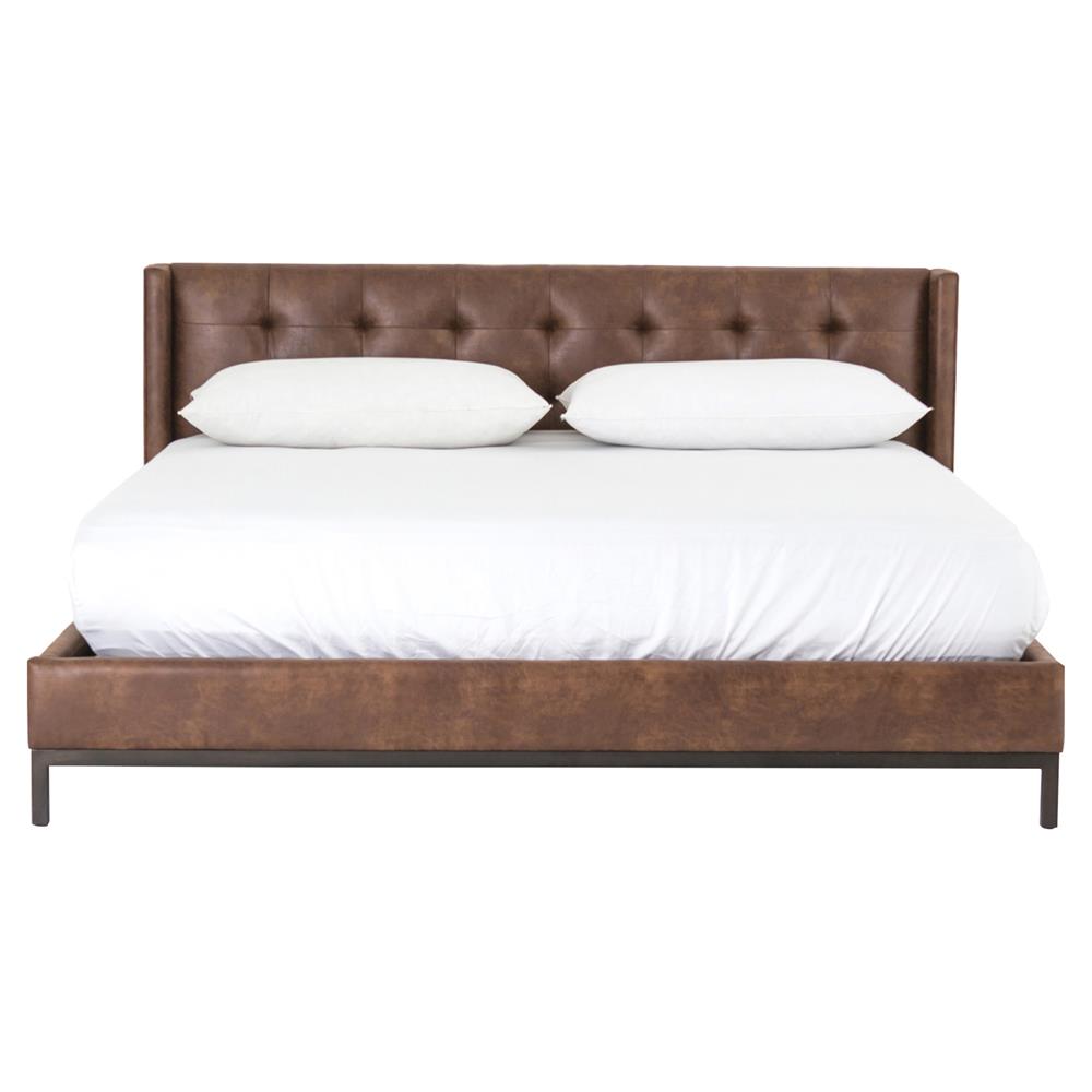 Nyla Modern Tufted Brown Faux Leather Low Headboard Platform Bed - King King | Kathy Kuo Home