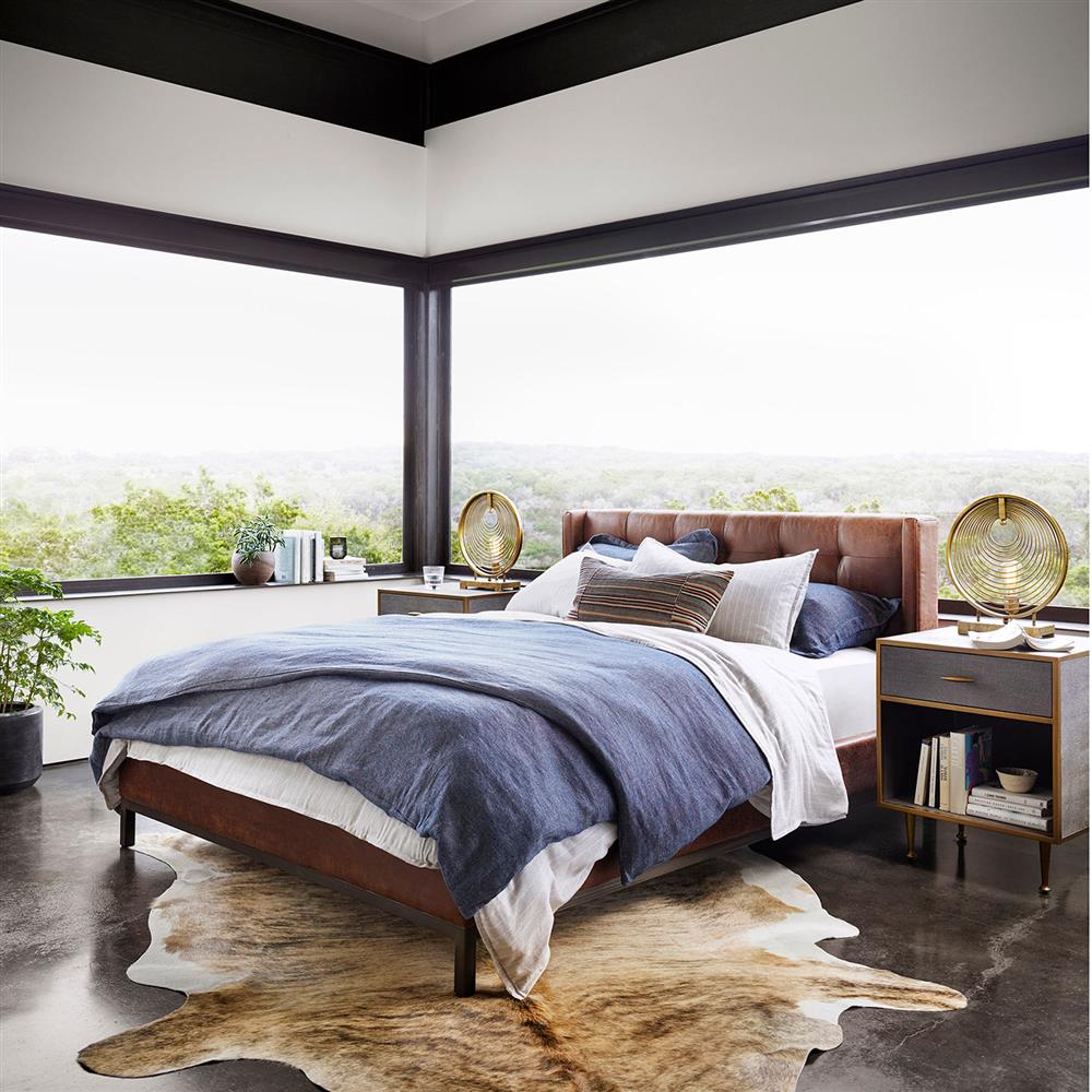 Nyla Modern Tufted Brown Faux Leather Low Headboard Platform Bed - Queen Queen | Kathy Kuo Home