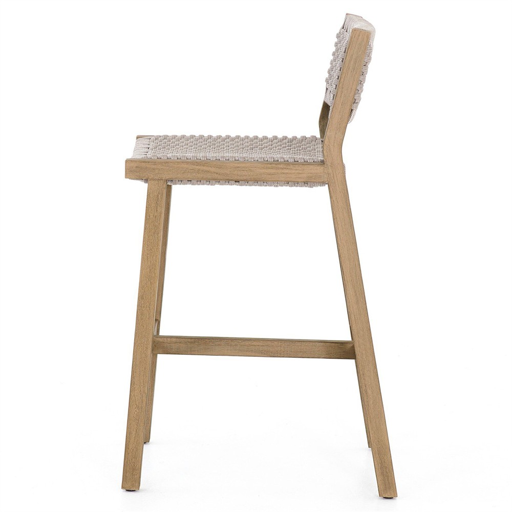 Dion Coastal Beach Grey Woven Rope Washed Brown Teak Wood Outdoor Bar Stool