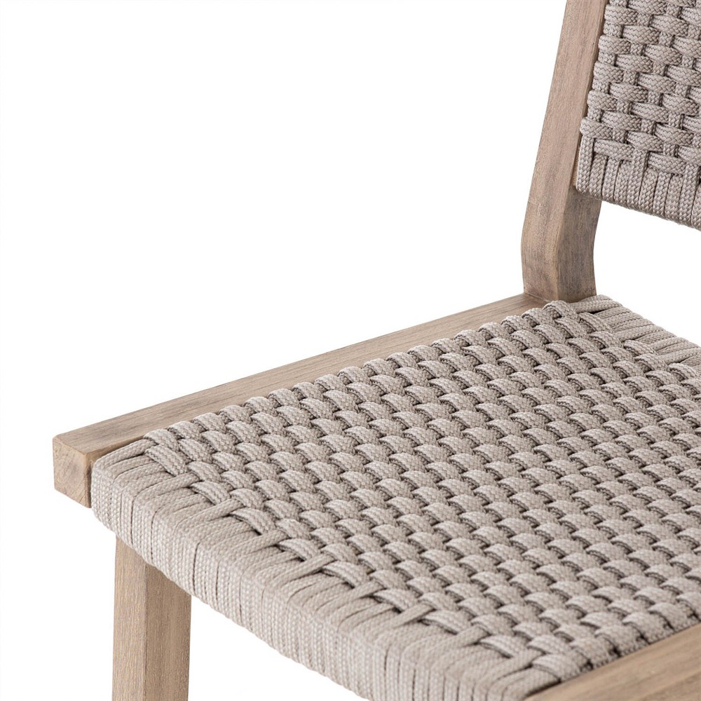 Dion Coastal Beach Grey Woven Rope Washed Brown Teak Wood Outdoor Bar Stool
