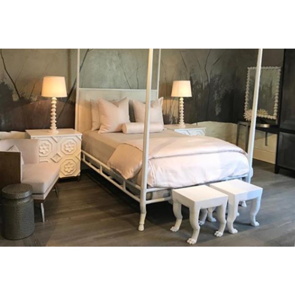 Faline French Country Blush Linen Upholstered White Metal Bed - Queen