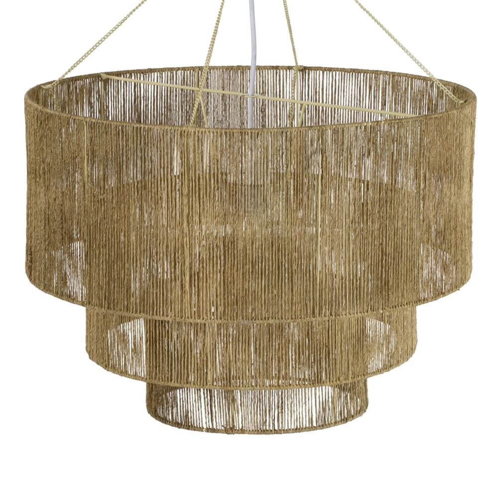 Woven Coastal Beach Natural Brown Jute Rope Wrapped 3 Tier Chandelier