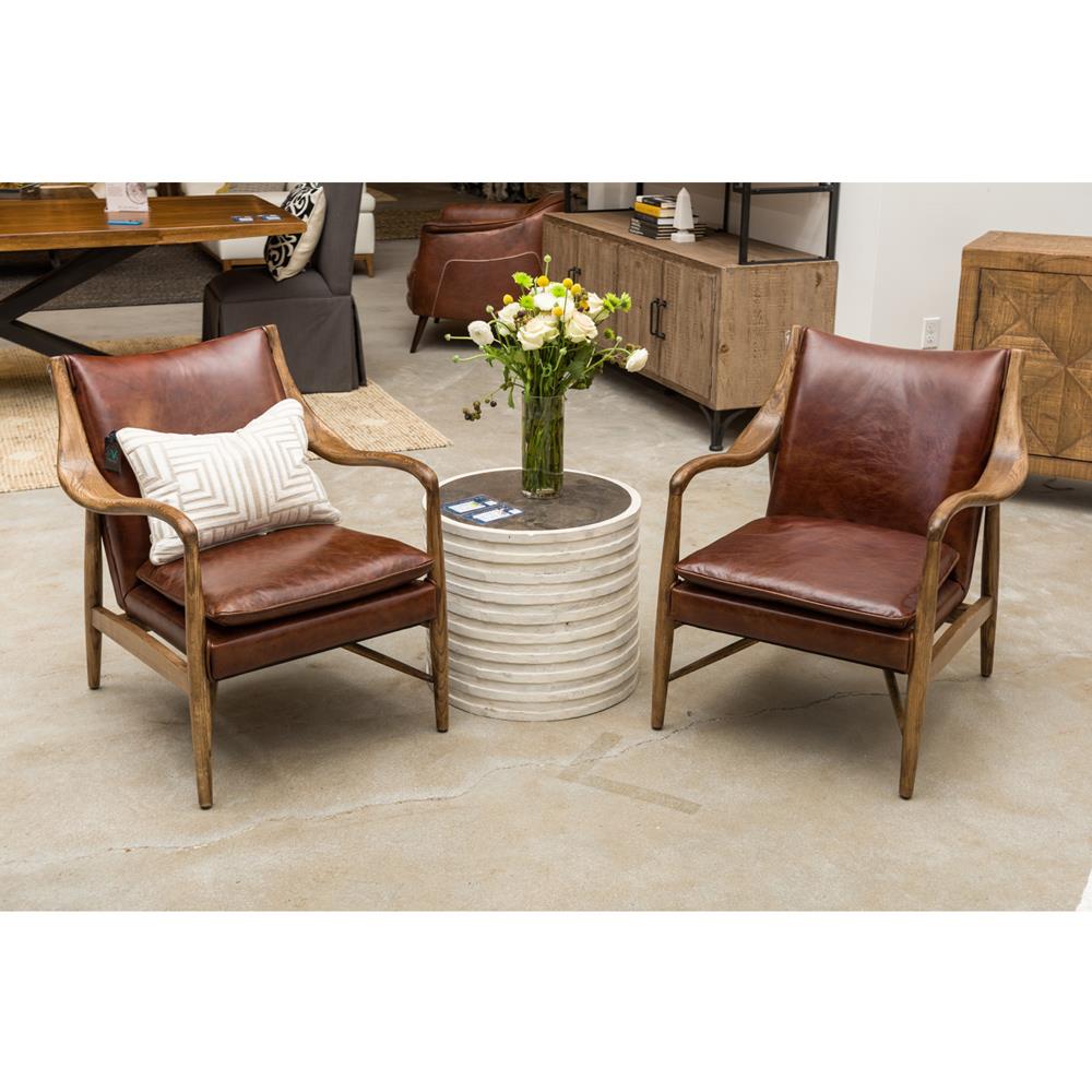 Annah Rustic Brown Upholstered Leather Cushion Natural Ash Wood Frame ...