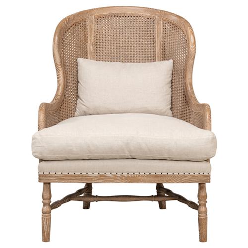 Rudolph Coastal Beige Upholstered Linen Brown Oak Woven Cane Wing Chair