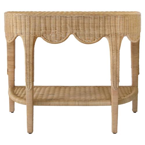 Worlds Away Paloma Natural Woven Rattan Scalloped Demilune Console Table