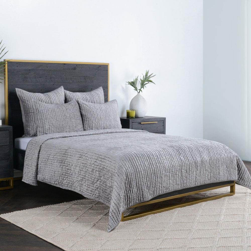 Beata Modern Classic Grey Velvet Quilt - Queen Queen | Kathy Kuo Home