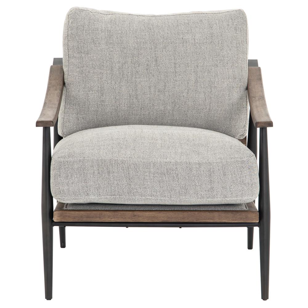 Jacoby Mid Century Modern Grey Upholstered Brown Wood Iron Legs Arm Chair