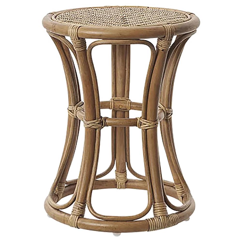 Wilda Coastal Beach Antique Brown Woven Rattan Round Stool | Kathy Kuo Home
