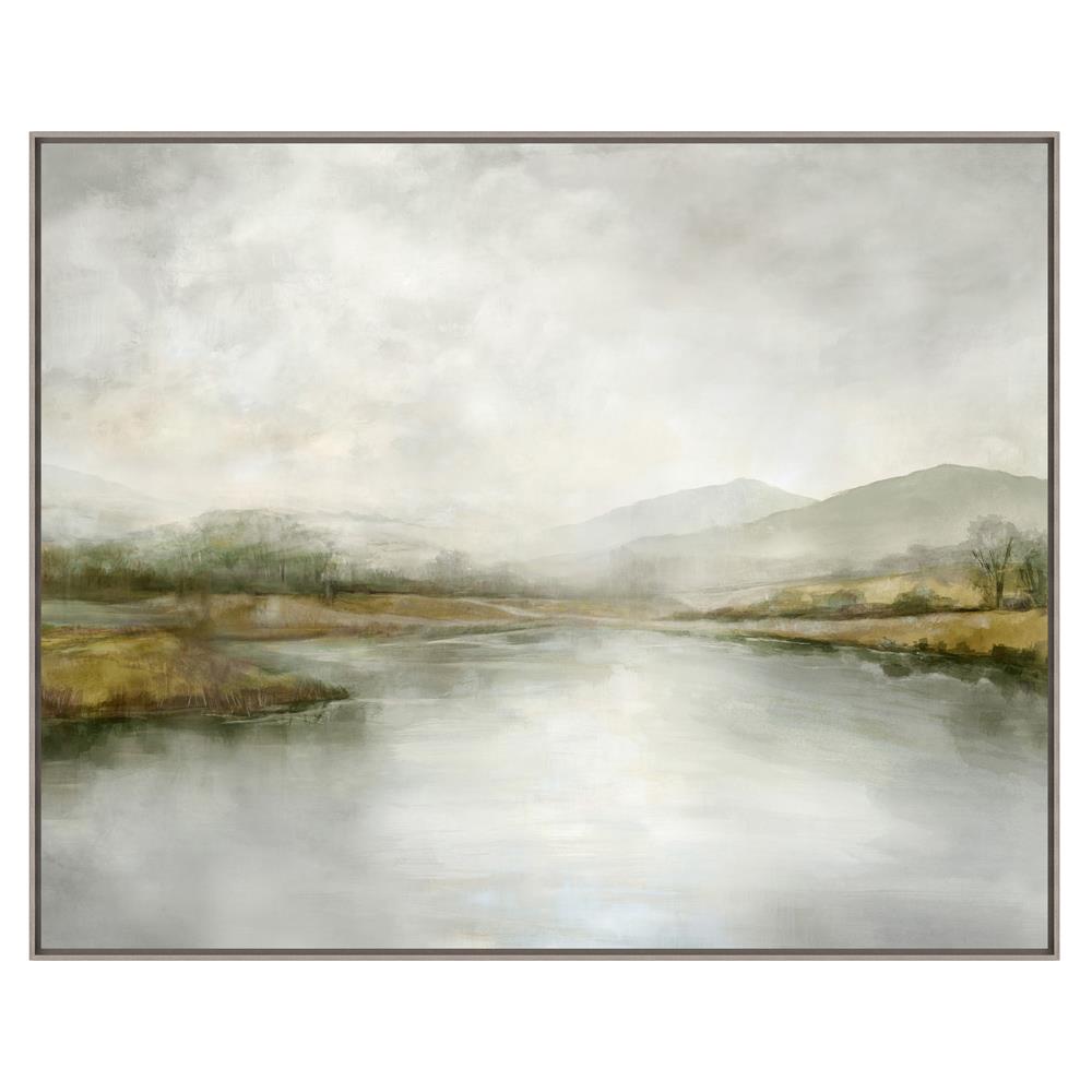 Dawn French Country White Lake Green Landscape Grey Frame Painting ...