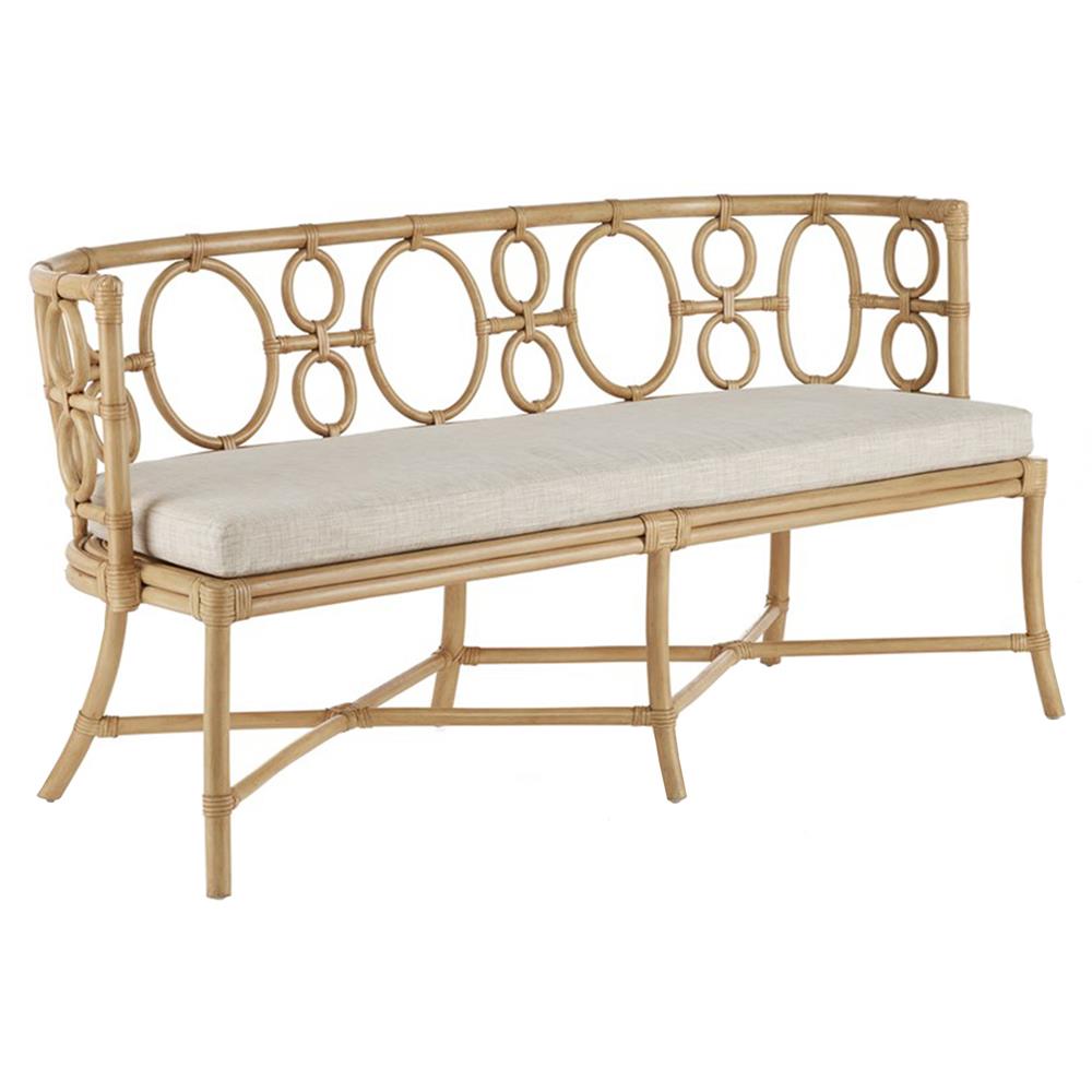 Theo Coastal Beach Beige Upholstered Natural Rattan Bench