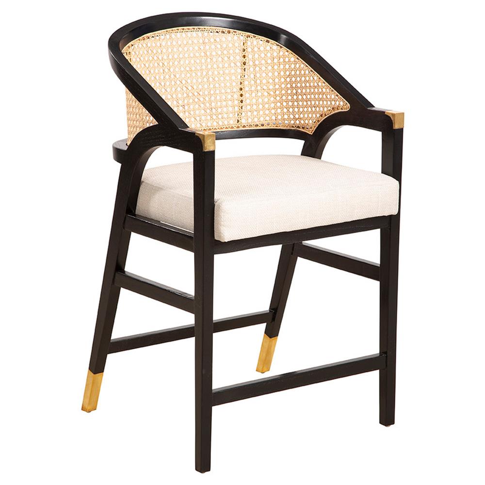 Rocky Coastal Cream Linen Woven Cane Black Wood Counter Stool