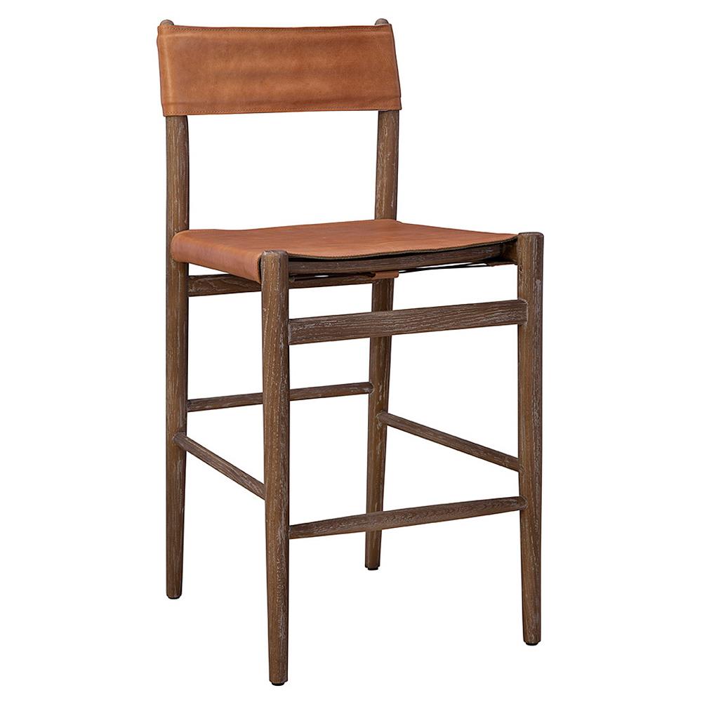 Penny Rustic Lodge Leather Brown Oak Counter Stool | Kathy Kuo Home