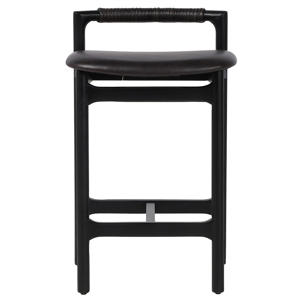 Blaise Rustic Lodge Black Leather Wood Counter Stool | Kathy Kuo Home